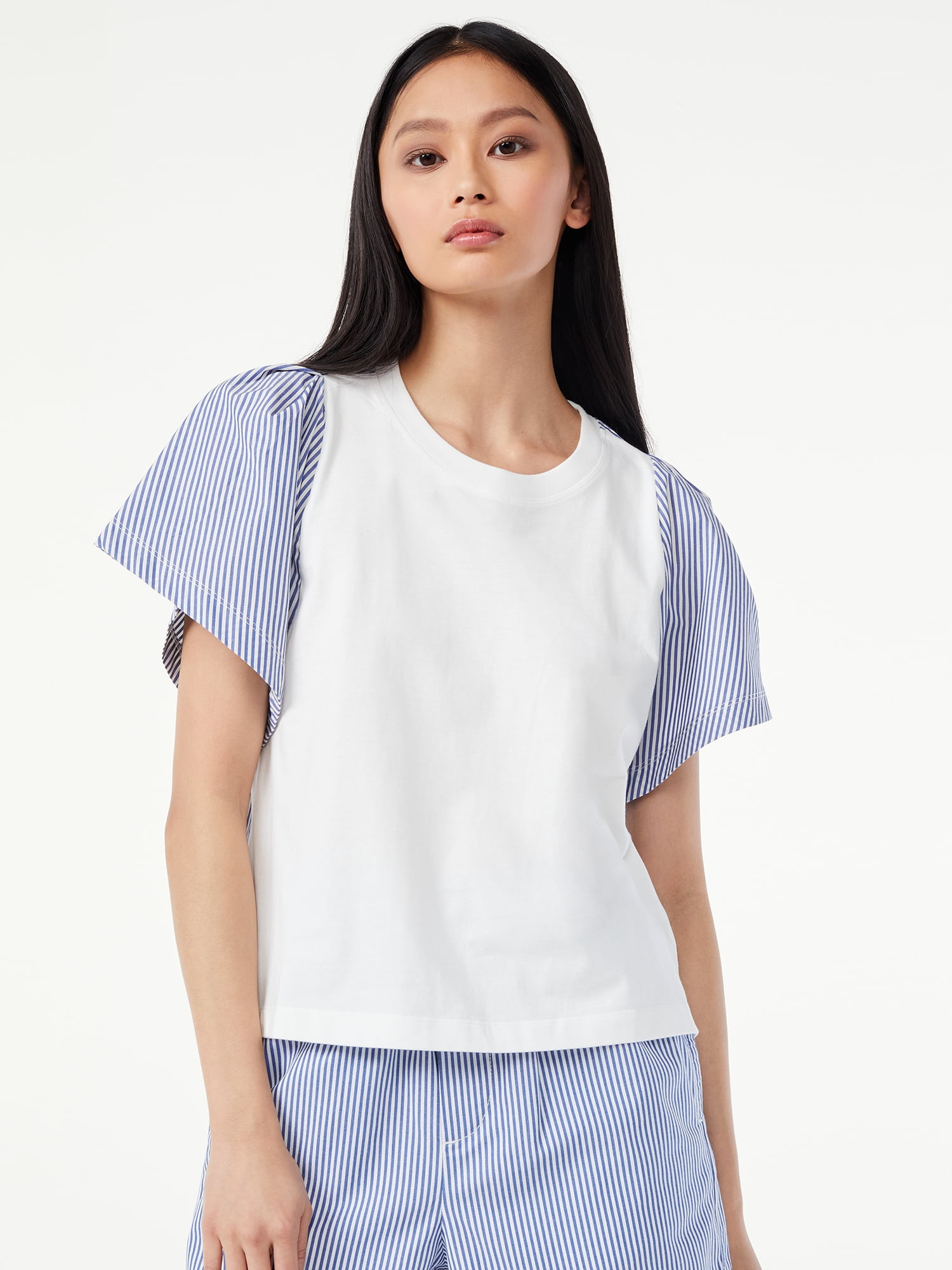 Free Assembly Women's Mixed Top with Short Flounce Sleeves - Walmart.com