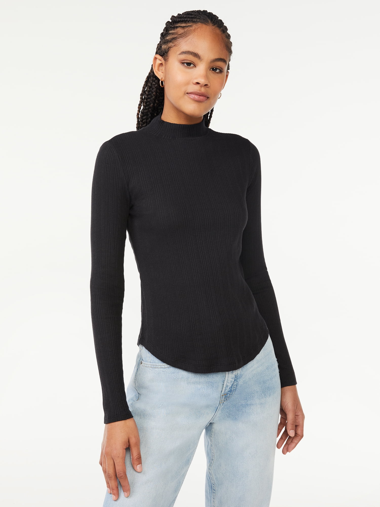 Free Assembly women's Mock Neck Rib Tee - Cotton/Modal - Walmart.com