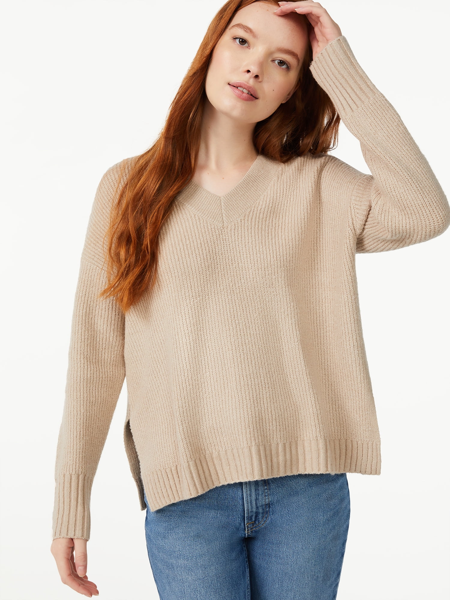 Free Assembly Women's Oversized V-Neck Fuzzy Cotton Sweater - Walmart.com
