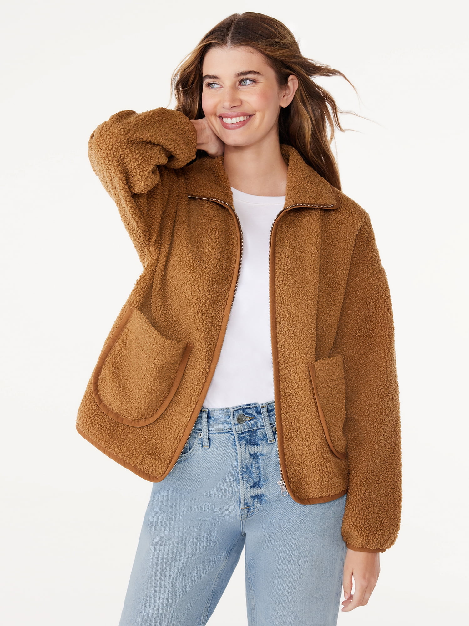 Free Assembly Women's Patch Pocket Mixy Teddy Fleece Jacket, Sizes XS ...