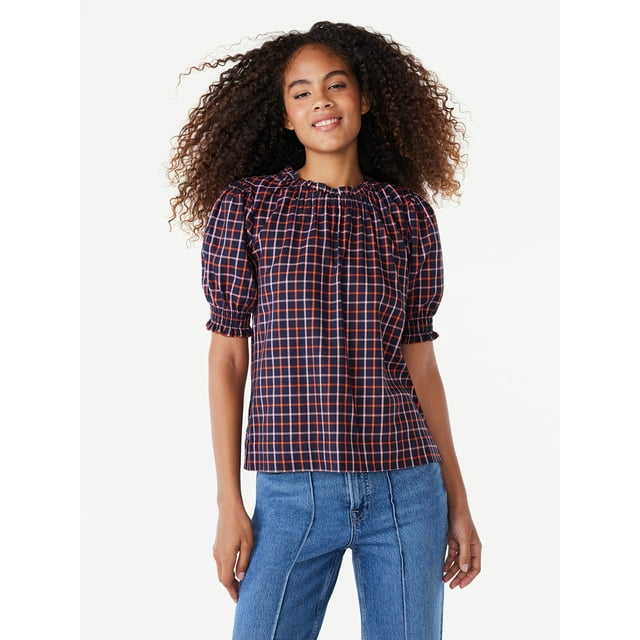 Free Assembly Women's Plaid Ruffle Neck Top with Short Puff Sleeves, Sizes XS-XXL - Walmart.com