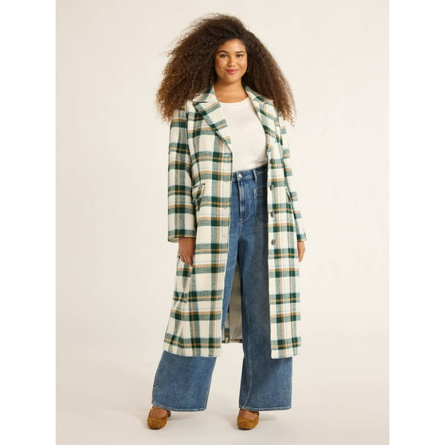 Free Assembly Women’s and Women's Plus Plaid Wool Blend Long Coat ...