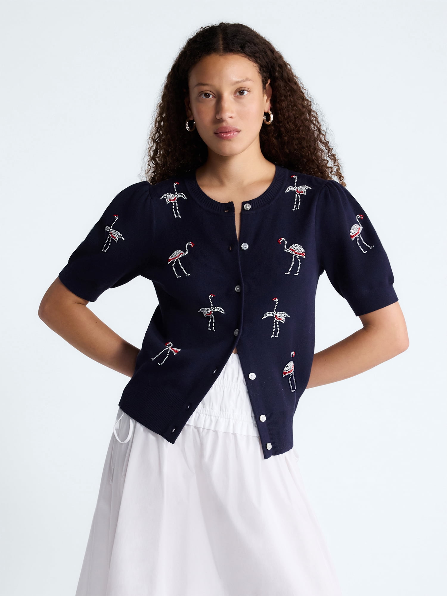 Free Assembly Women's and Women's Plus Beaded Cardigan Sweater with ...
