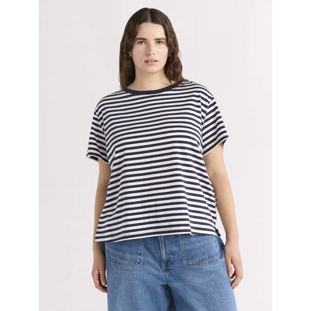 Free Assembly Women's Cotton Cropped Boxy Tee with Short Sleeves, Sizes ...