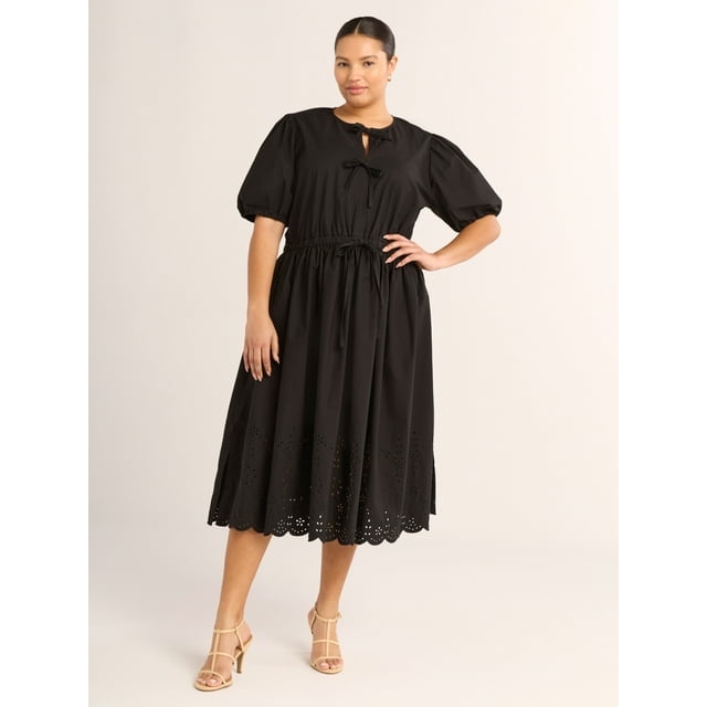 Free Assembly Women's Plus Tie Front Cotton Eyelet Midi Dress with ...