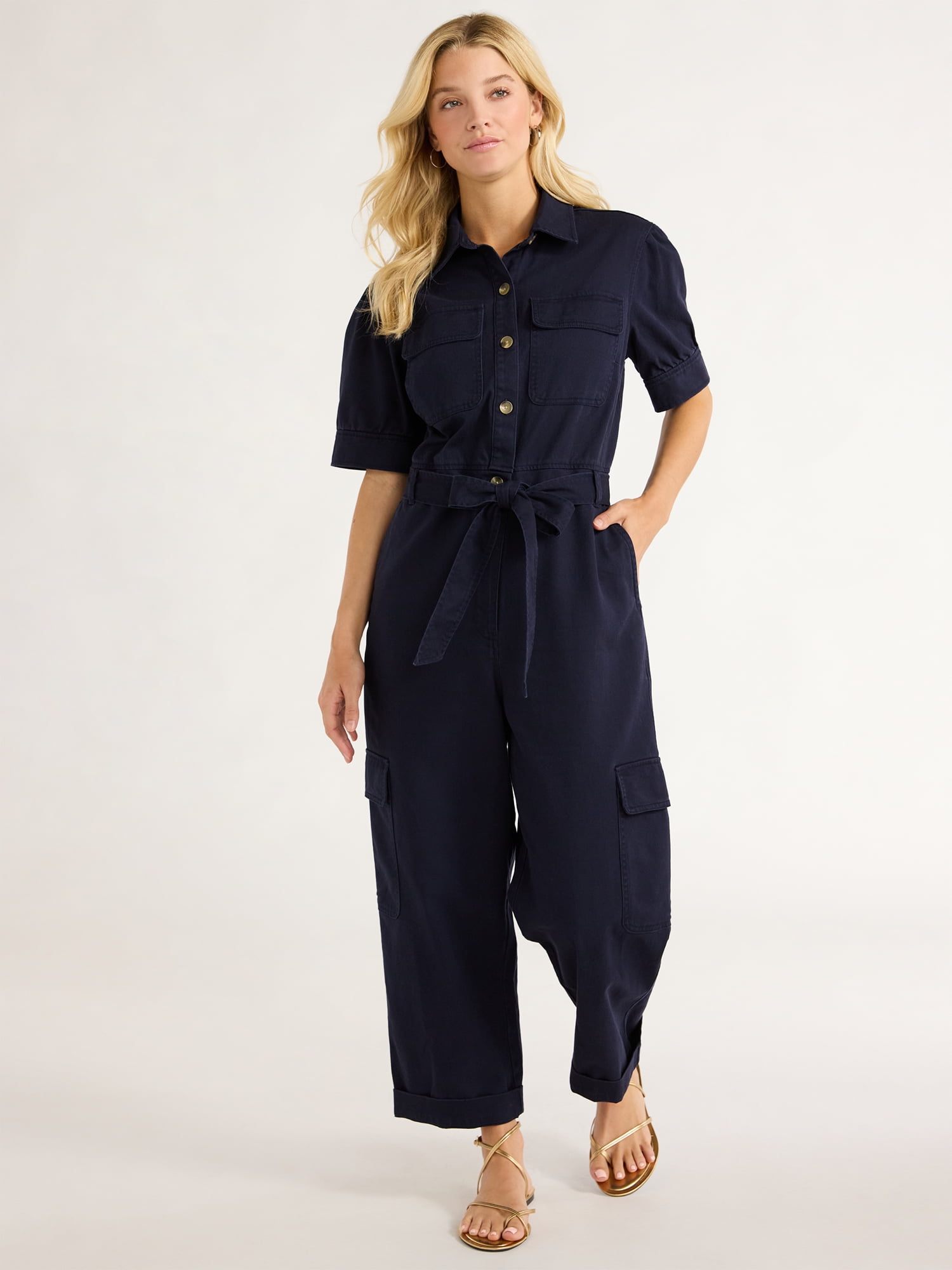 Free Assembly Women’s Cotton Cargo Jumpsuit with Puff Sleeves, 26 ...