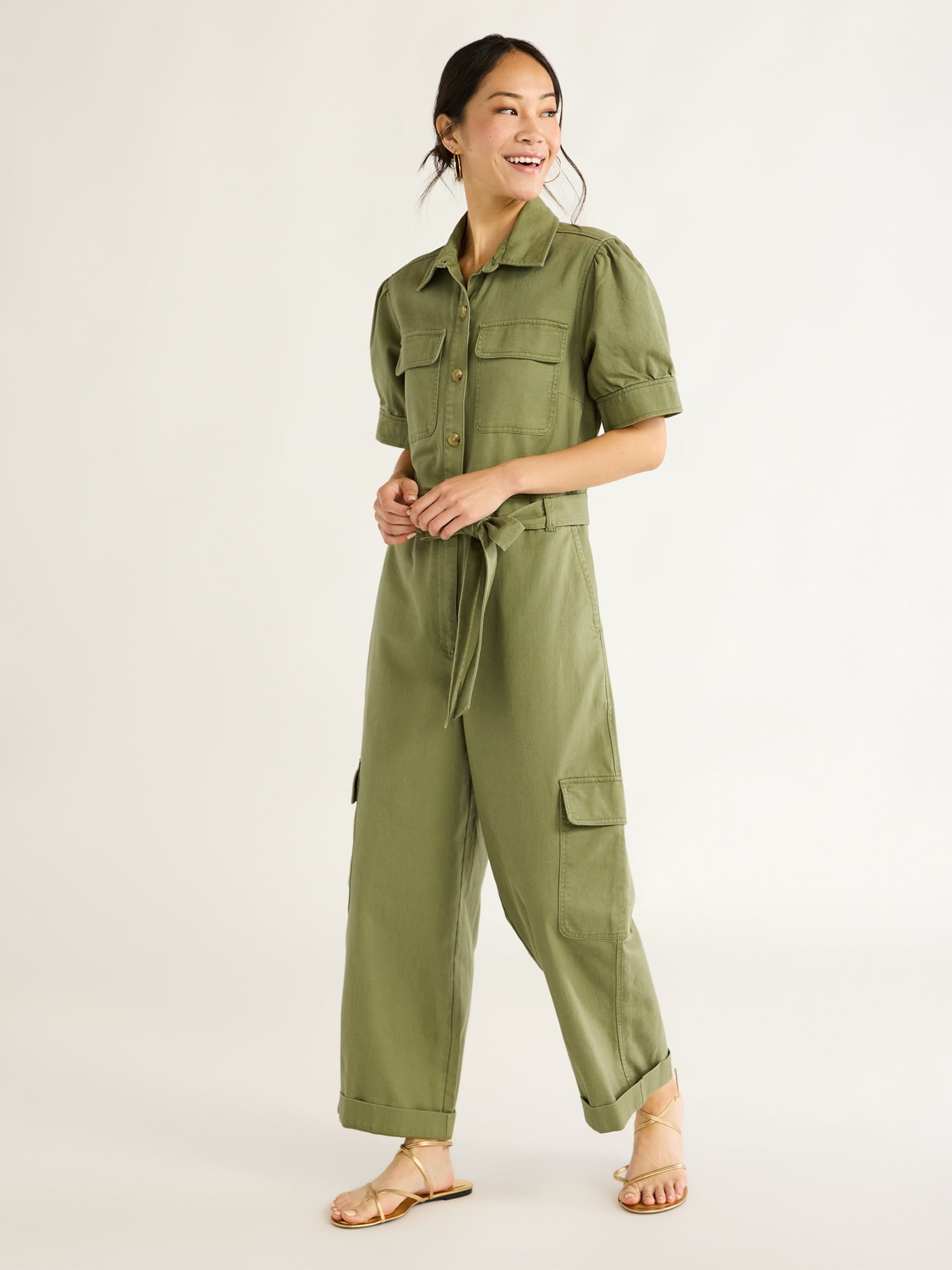 Free Assembly Women’s Cotton Cargo Jumpsuit with Puff Sleeves, 26 ...