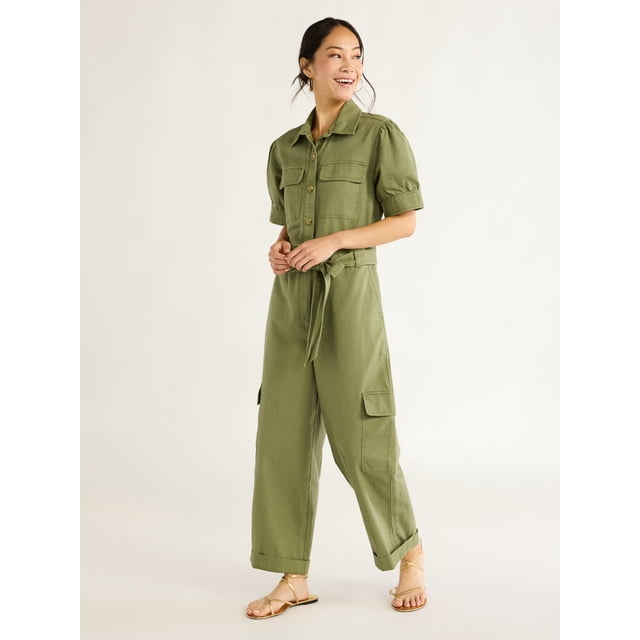 Free Assembly women's Cargo Jumpsuit - Puff Shoulder Design - Walmart.com
