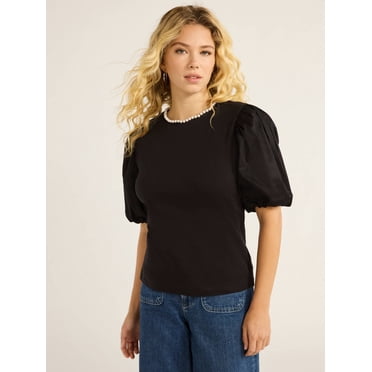 Free Assembly Women's U Neck Pleated Shoulder Top - Walmart.com