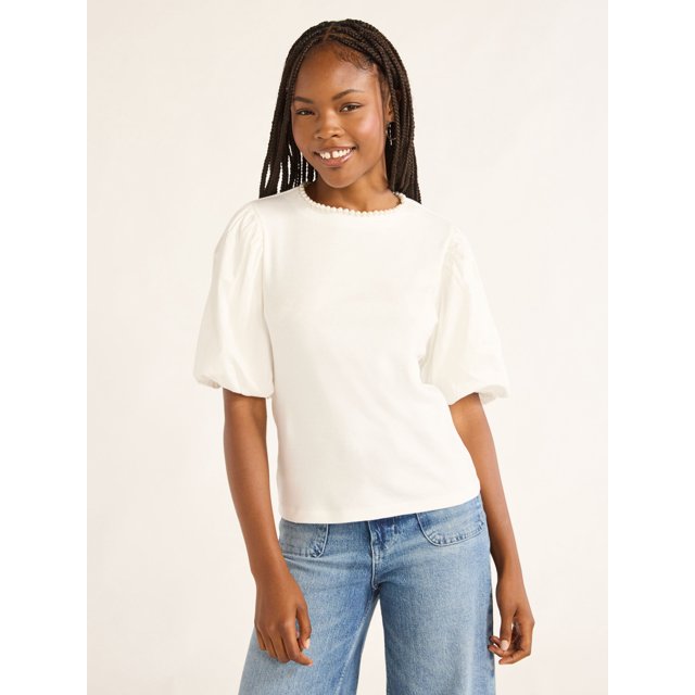 Free Assembly Women's Cotton Mixy Blouse with Beaded Trim and Puff ...