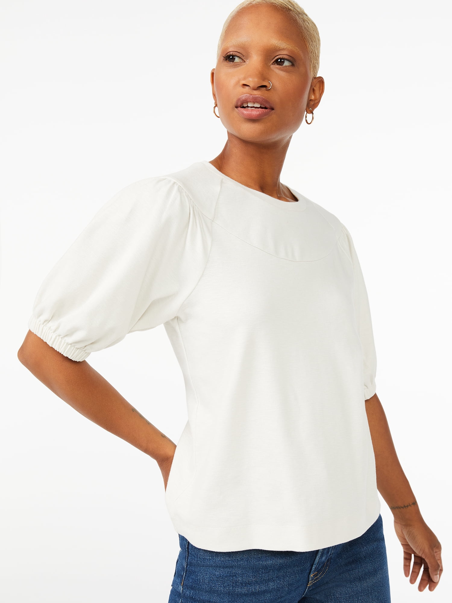 Free Assembly Women's Organic Cotton Spandex Puff Sleeve T-Shirt ...