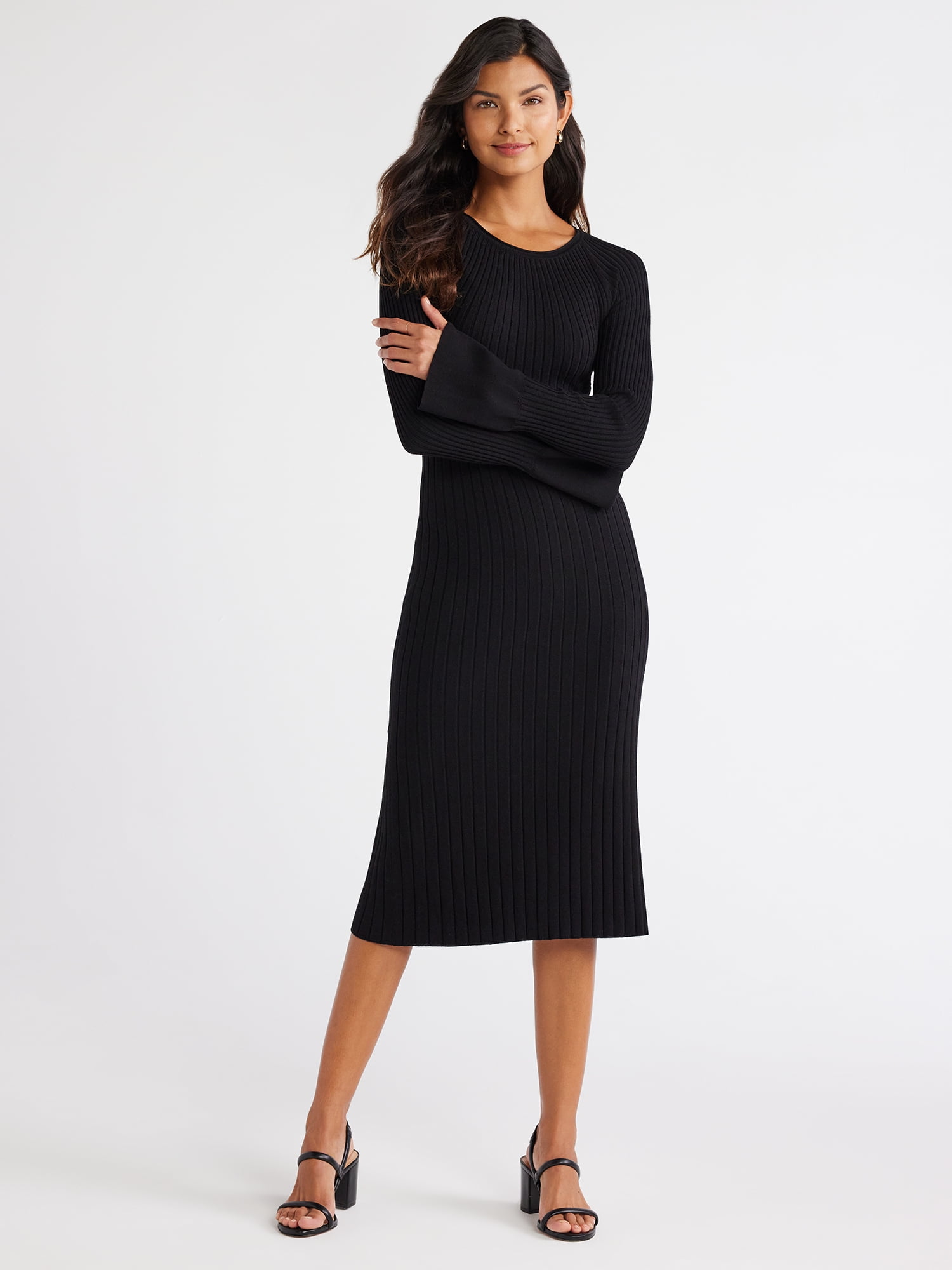 Free Assembly Women's Radiating Ribbed Midi Dress with Long Sleeves ...