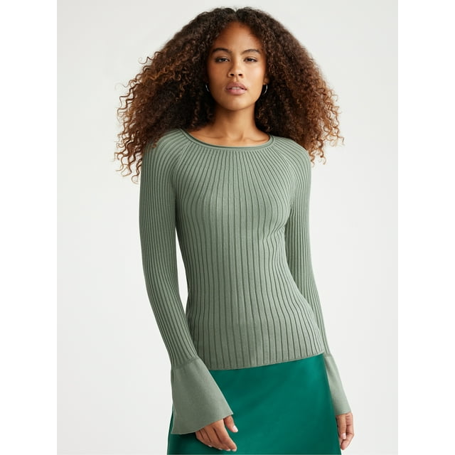 Free Assembly Women's Radiating Ribbed Sweater with Long Sleeves ...