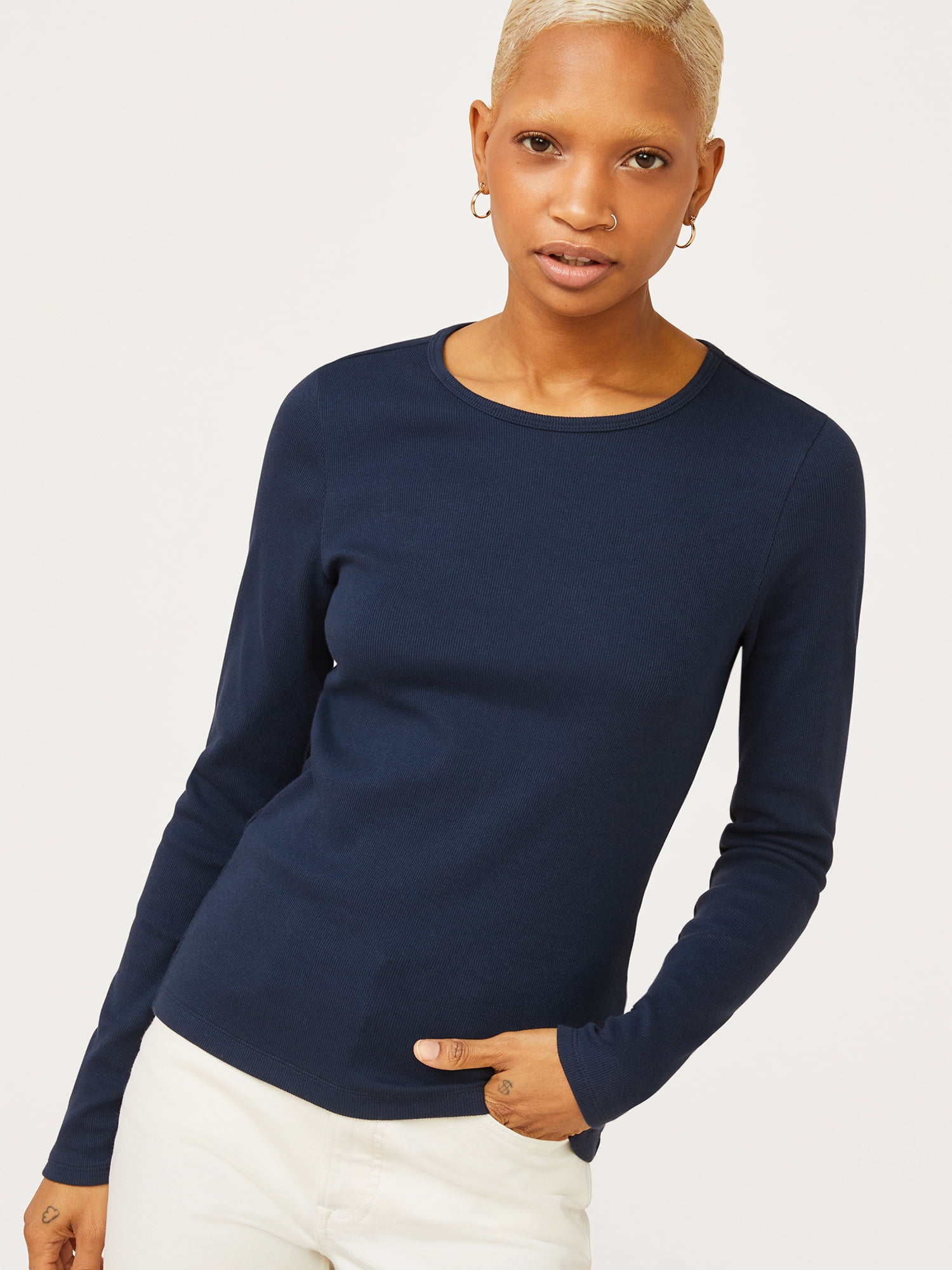 Free Assembly Women's Ribbed Crewneck Top with Long Sleeves - Walmart.com
