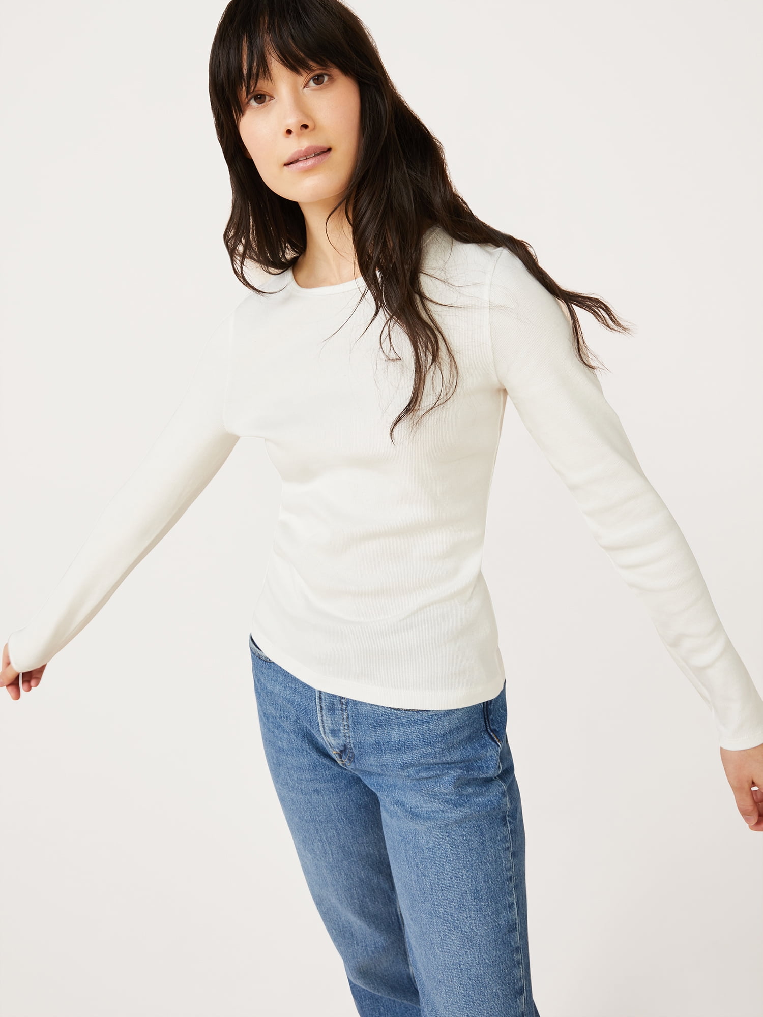 Free Assembly Women's Ribbed Crewneck Top with Long Sleeves - Walmart.com