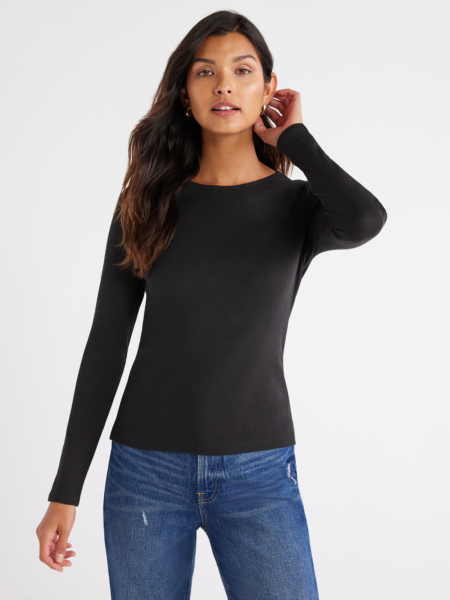 Free Assembly Women's Ribbed Crewneck Top with Long Sleeves - Walmart.com