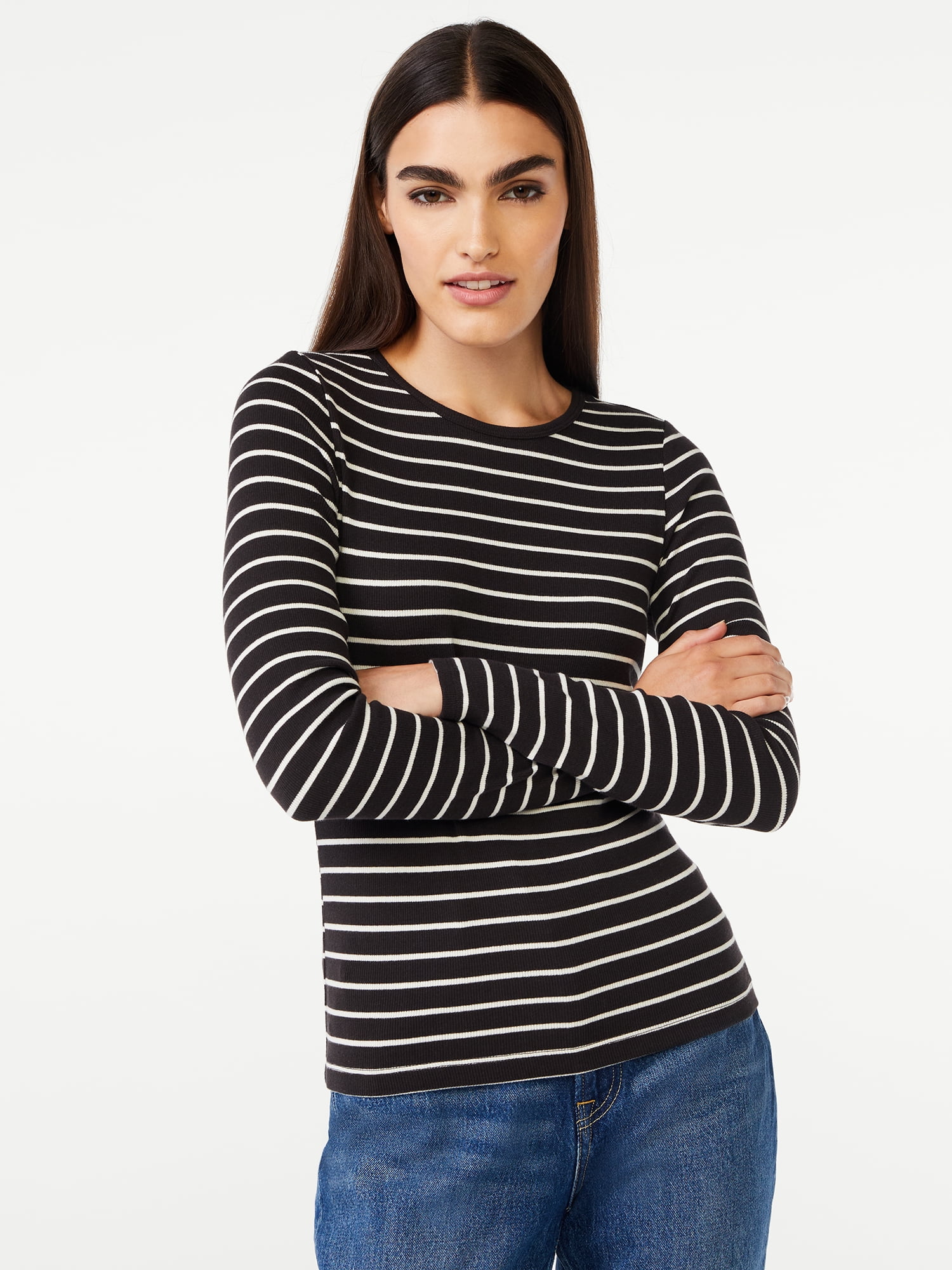 Free Assembly Women's Ribbed Crewneck Top with Long Sleeves - Walmart.com