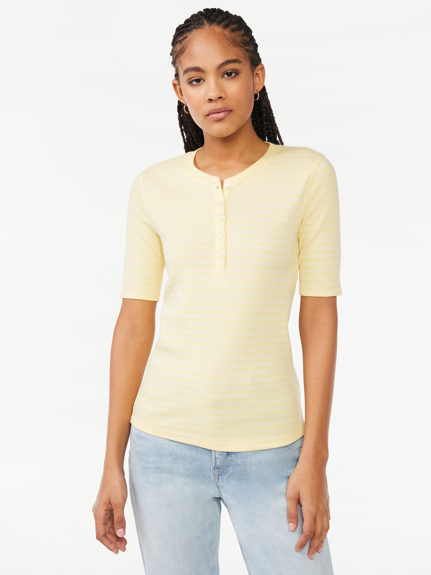 Free Assembly Women's Ribbed Henley Elbow Length Sleeve Button Placket ...