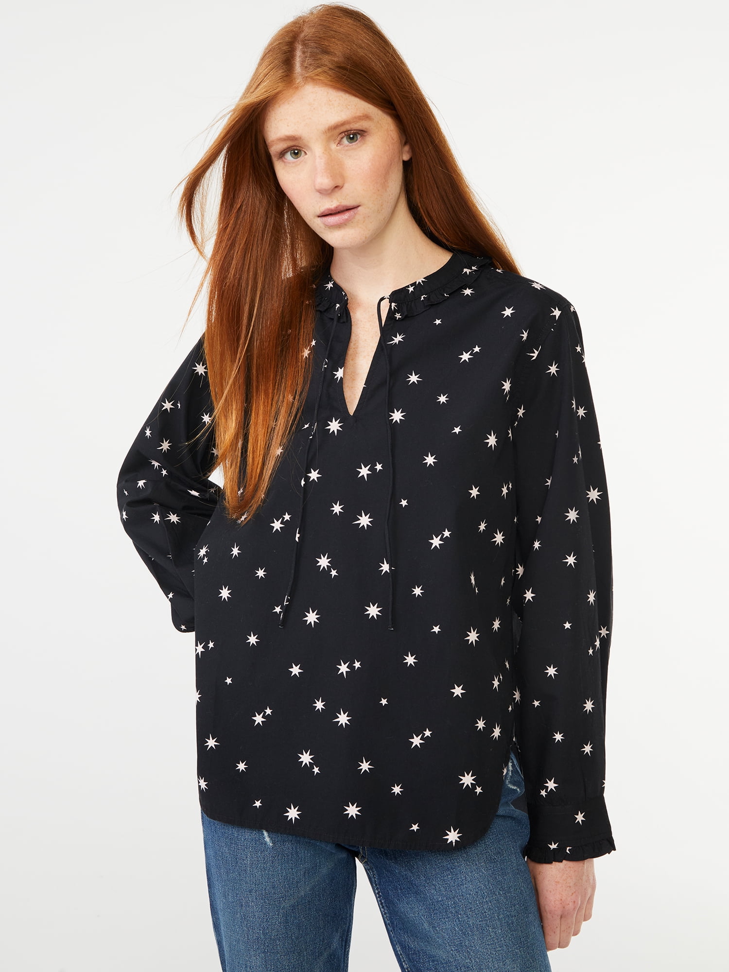 Free Assembly Women's Ruffle Collar Top with Long Sleeves - Walmart.com