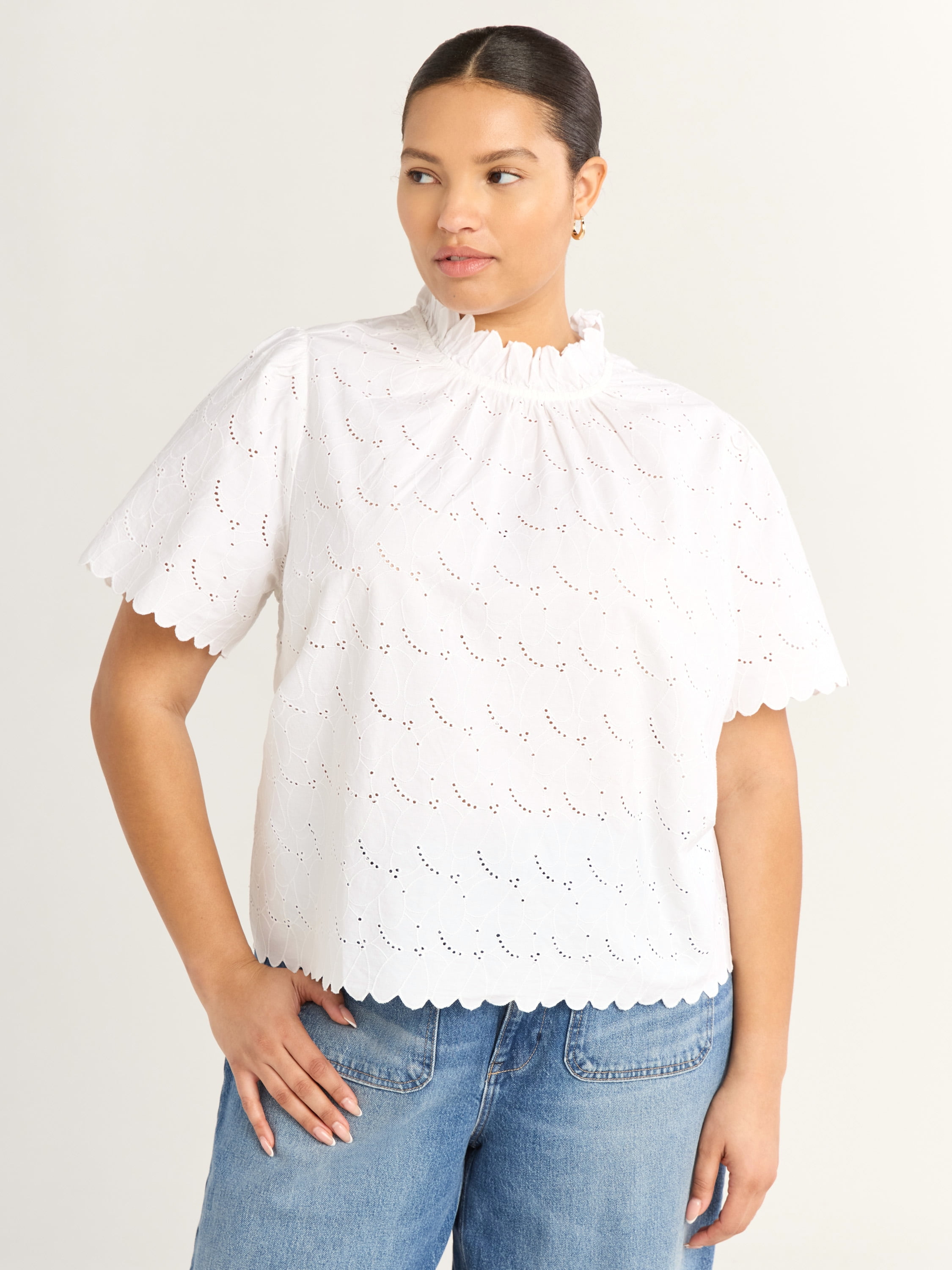 Free Assembly Women's Ruffle Cotton Eyelet Top with Short Sleeves ...