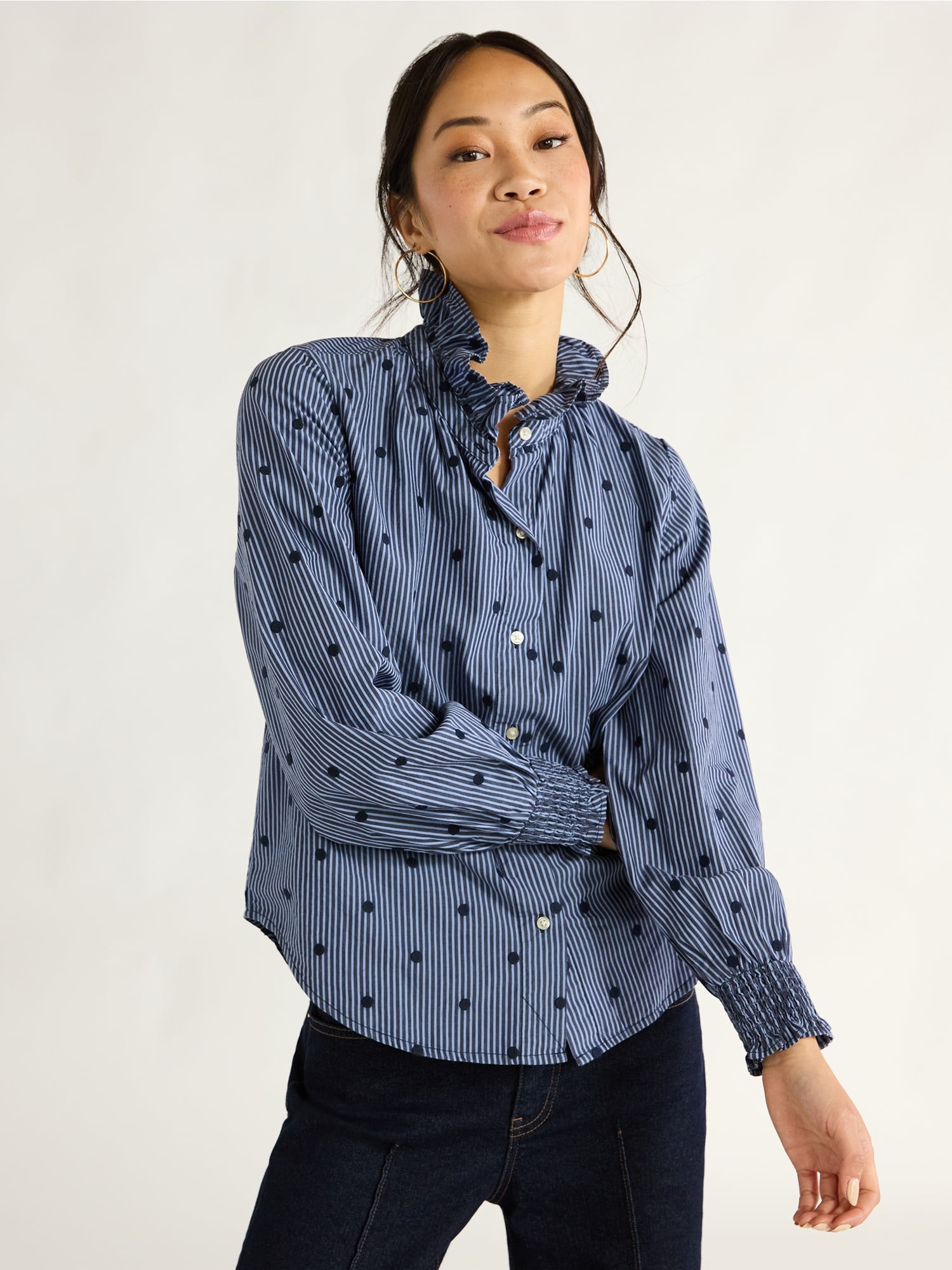 Free Assembly Women’s Ruffle Neck Cotton Blouse, Sizes XS-XXL - Walmart.com