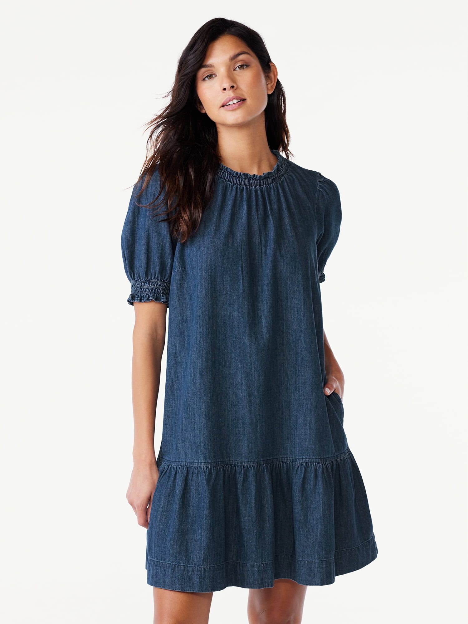 Free Assembly Women's Ruffle Neck Denim Mini Dress with Short Sleeves ...