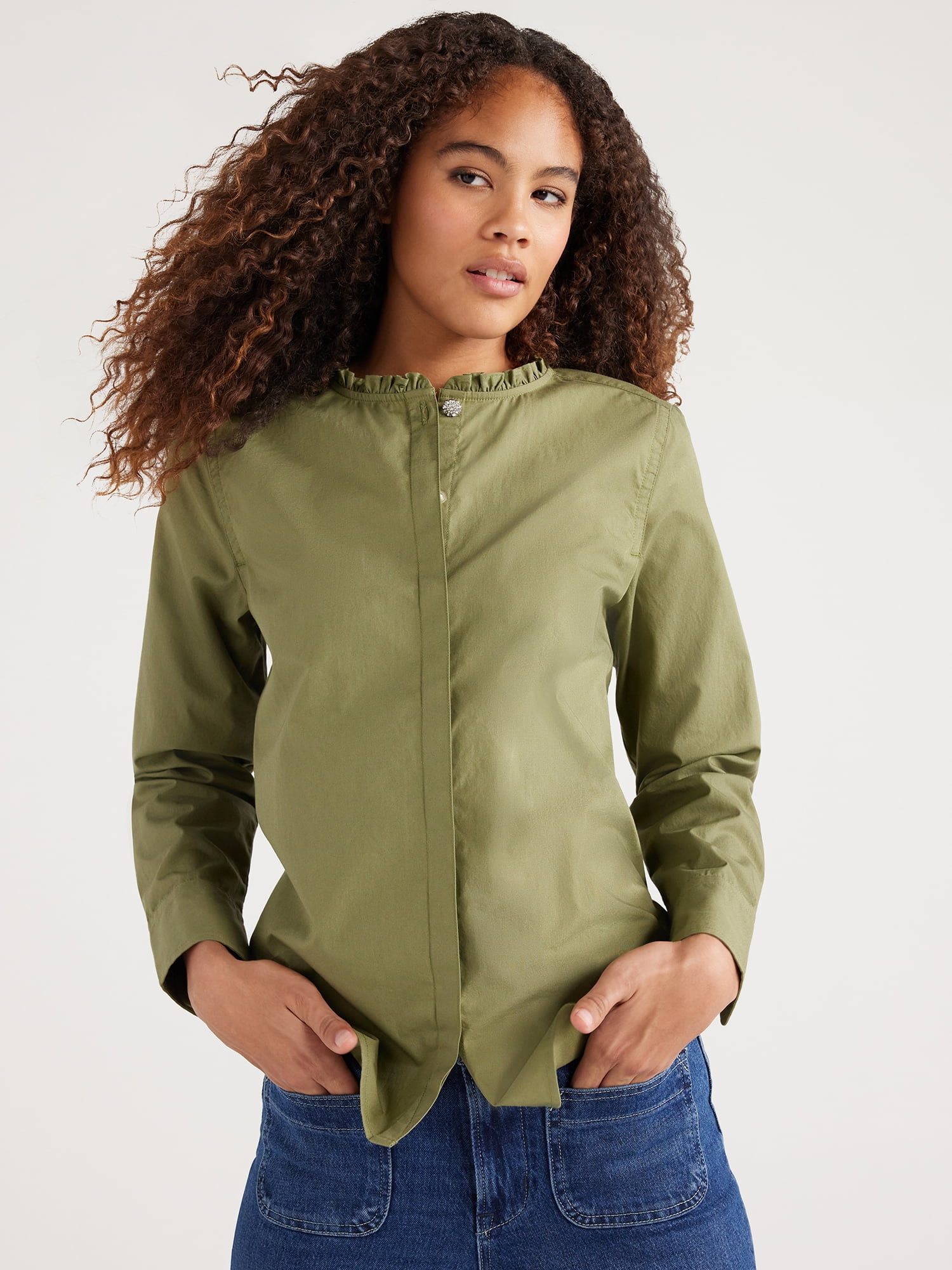 Free Assembly Women’s Ruffle Neck Shirt with Long Sleeves, Sizes XS-XXL ...