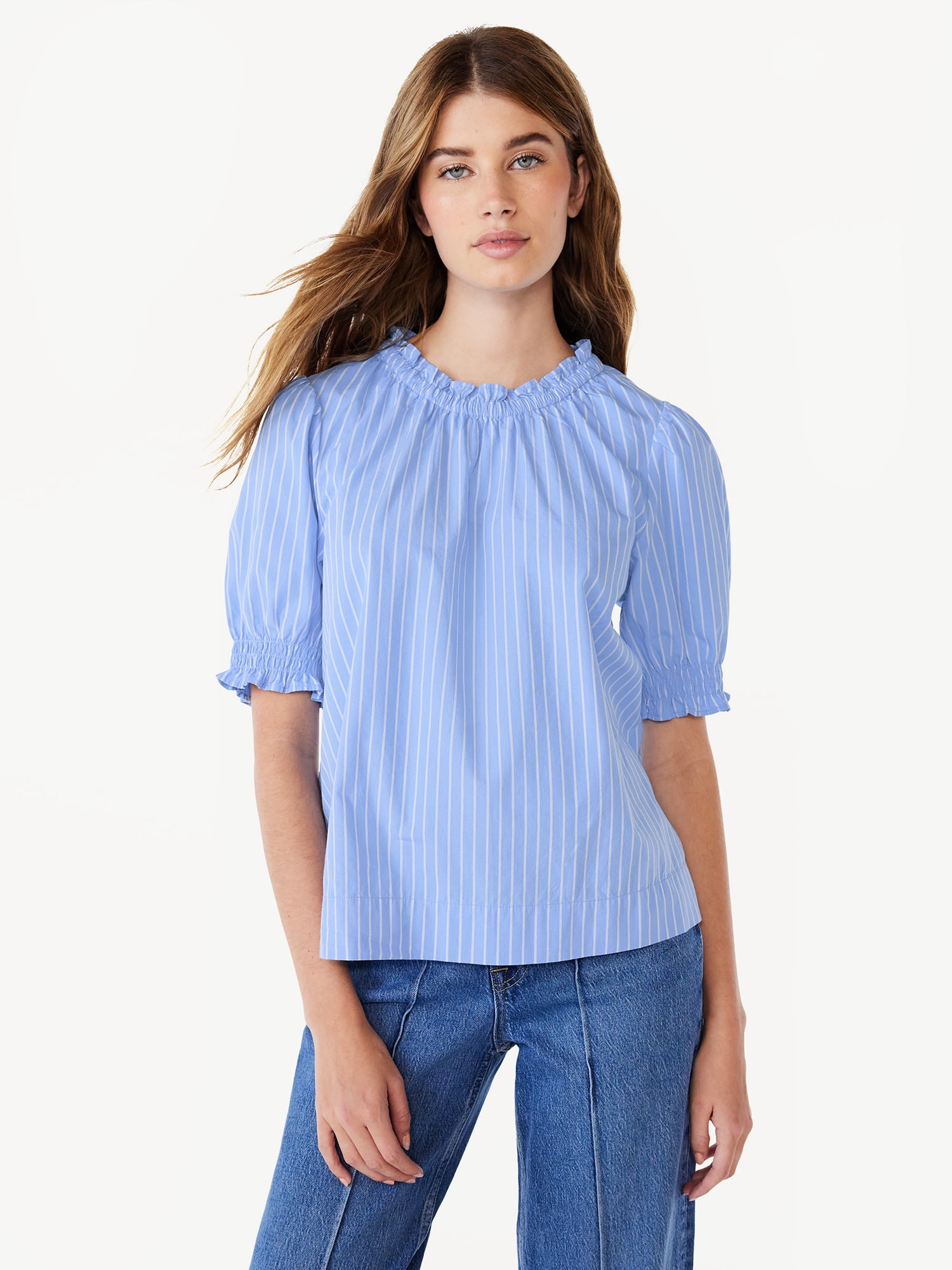 Free Assembly Women's Ruffle Neck Top with Short Puff Sleeves, Size XS ...