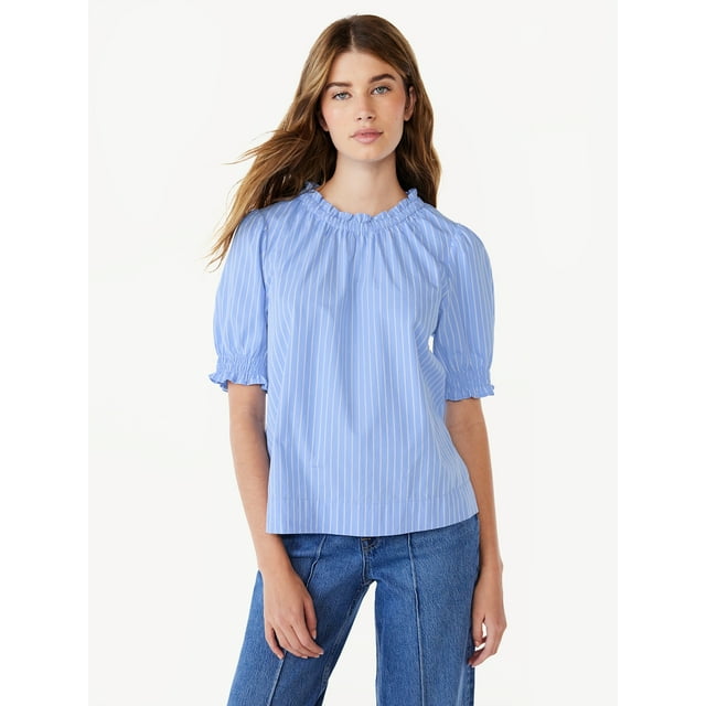 Free Assembly Women's Ruffle Neck Top with Short Puff Sleeves, Size XS-XXL - Walmart.com