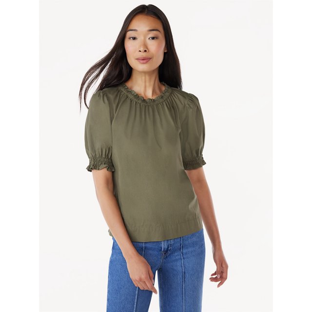 Free Assembly Women's Ruffle Neck Top with Short Puff Sleeves, Size XS ...