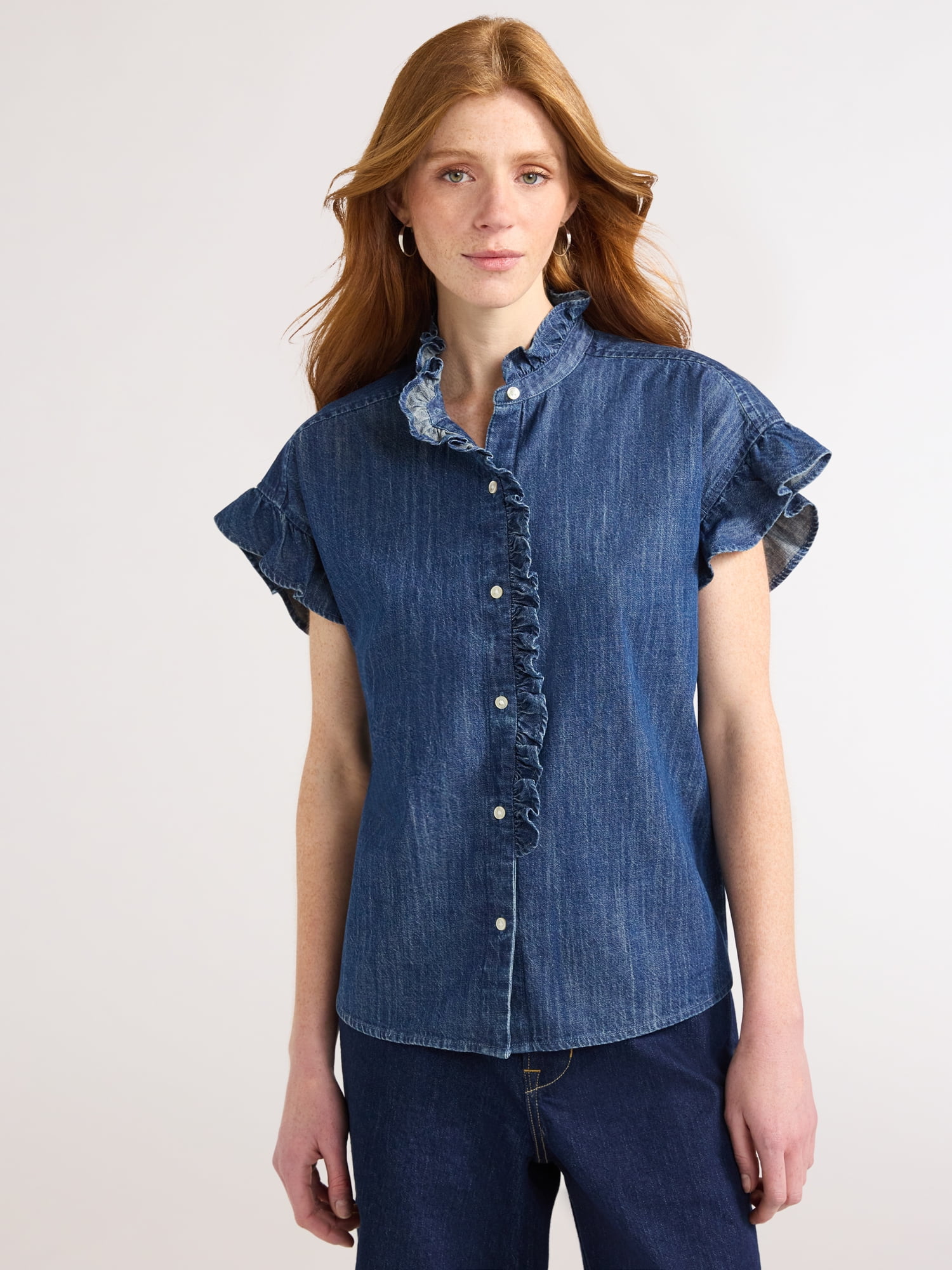 Free Assembly Women's and Women's Plus Ruffle Trim Neck Top with Short ...