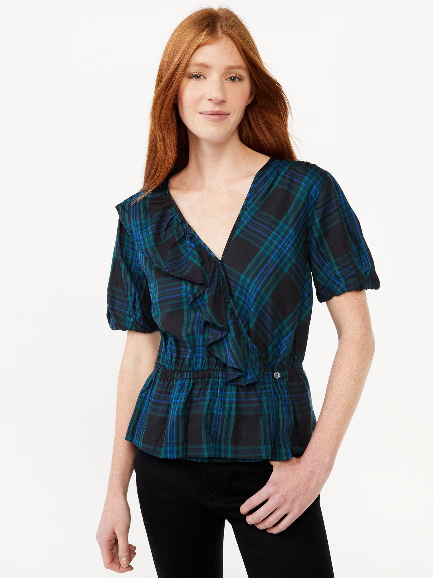 Free Assembly Women's Ruffle Wrap Top with Short Sleeves - Walmart.com
