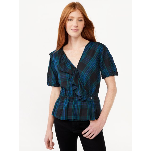 Free Assembly Women's Ruffle Wrap Top with Short Sleeves - Walmart.com