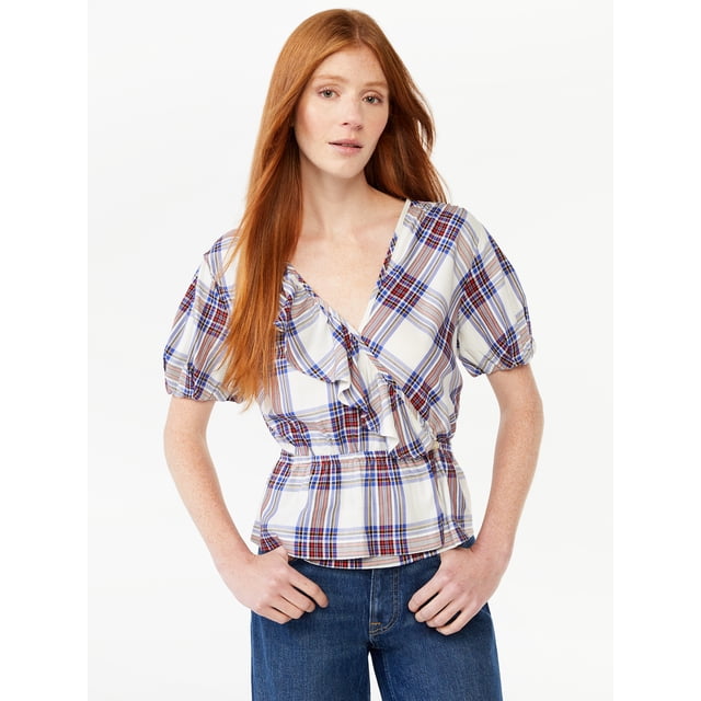 Free Assembly Women's Ruffle Wrap Top with Short Sleeves - Walmart.com