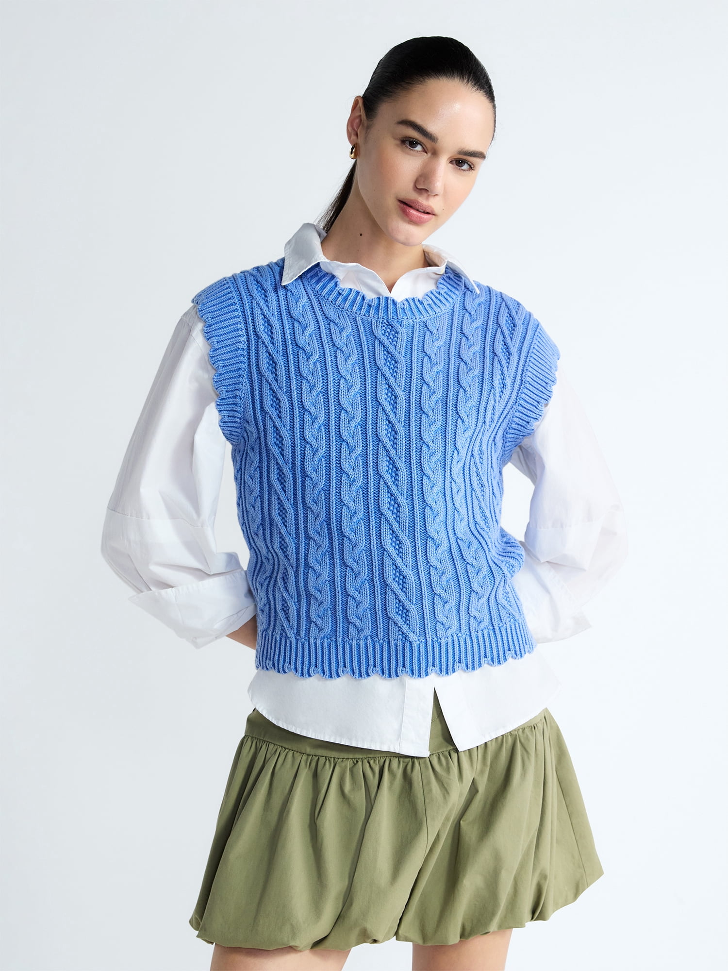 Free Assembly Women's Scalloped Cable Knit Cotton Vest, Sizes XS-XXL ...