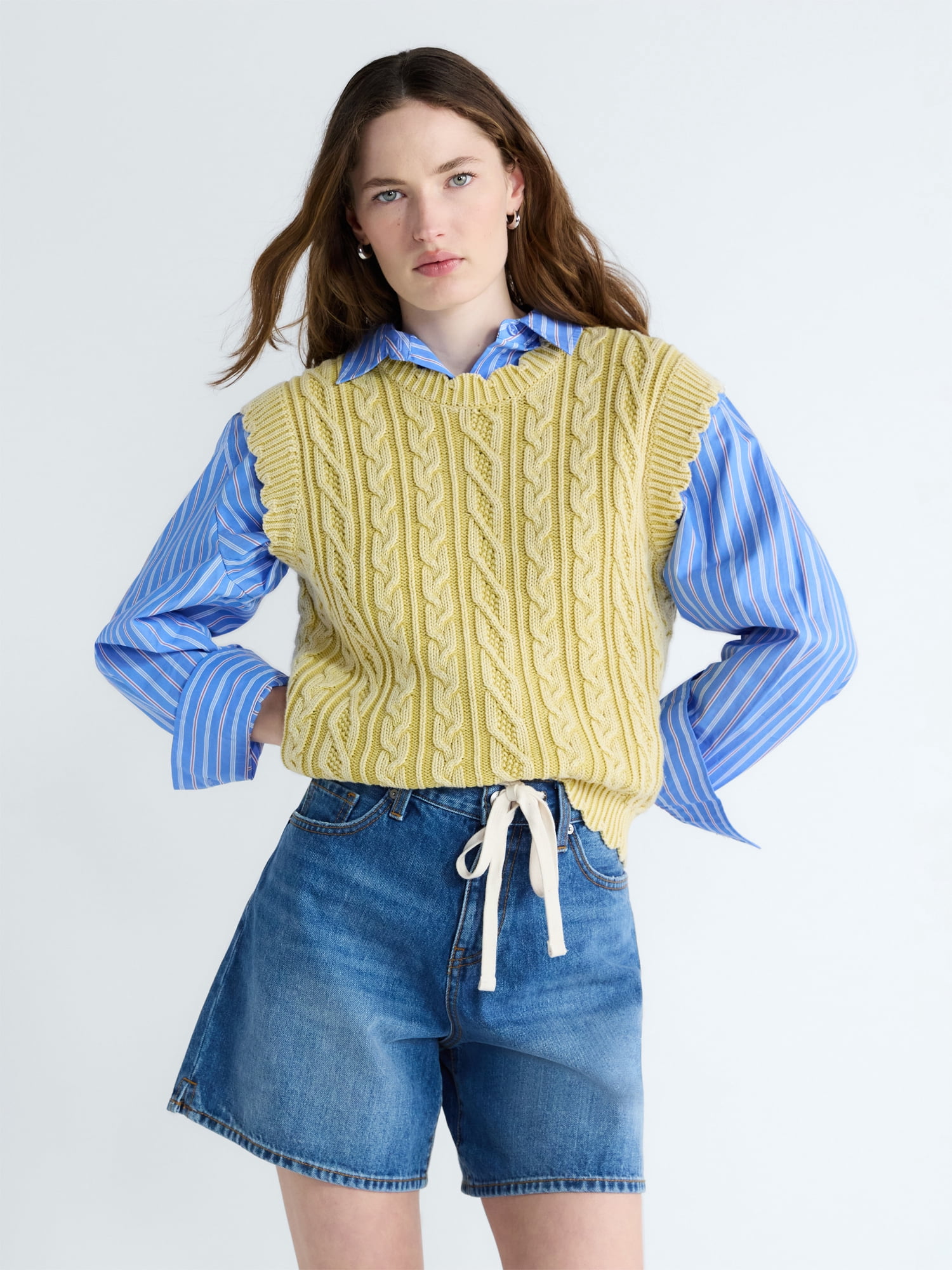 Free Assembly Women's Scalloped Cable Knit Cotton Vest, Sizes XS-XXL ...