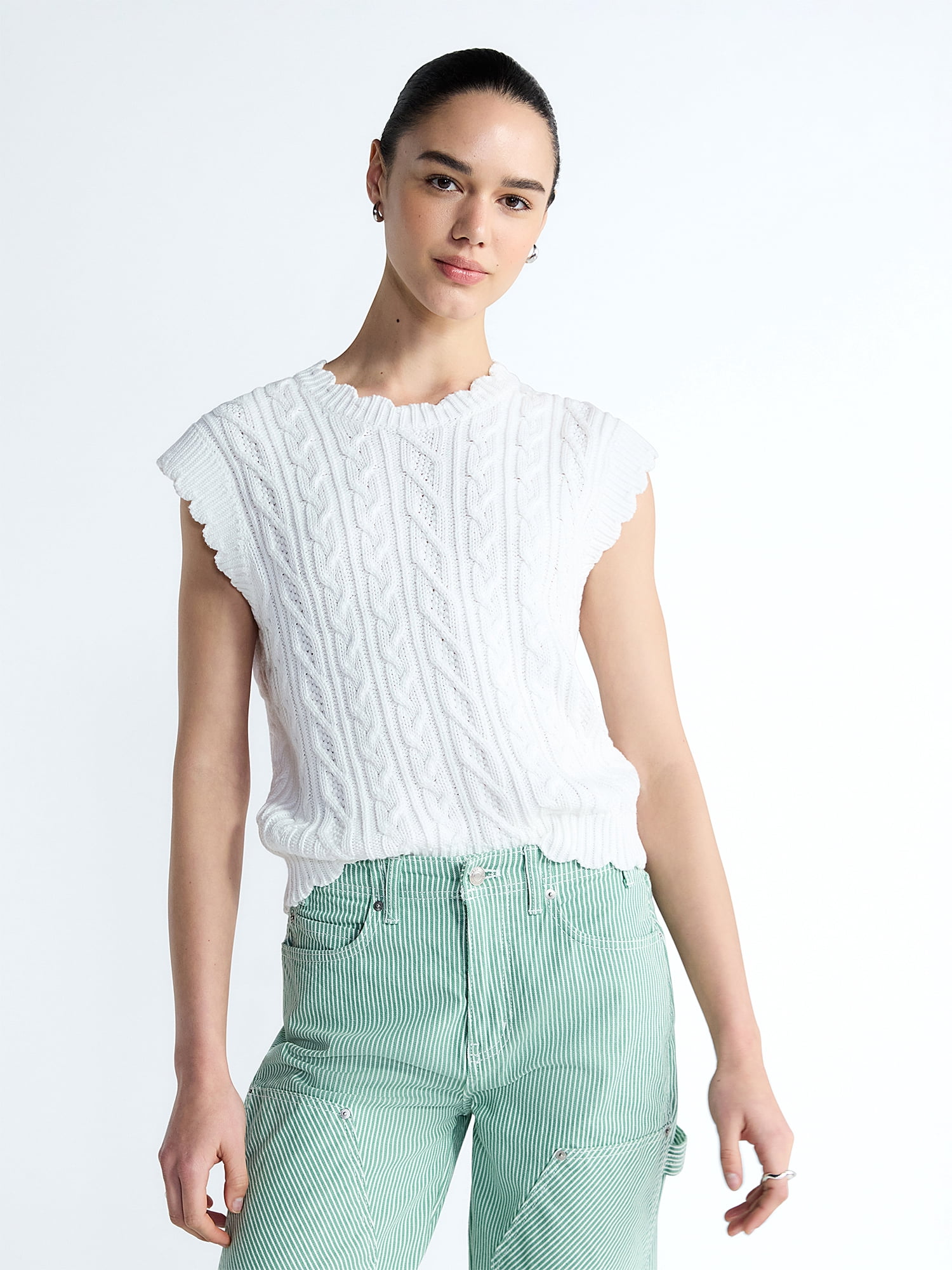 Free Assembly Women's Scalloped Cable Knit Cotton Vest, Sizes XS-XXL ...