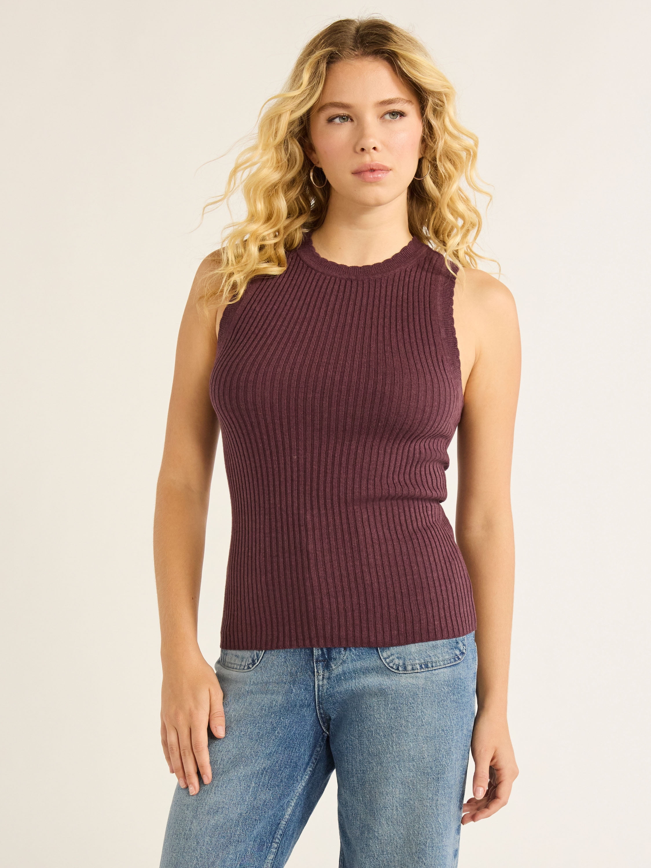 Free Assembly Women’s Scallop Trim Sleeveless Sweater, Lightweight ...