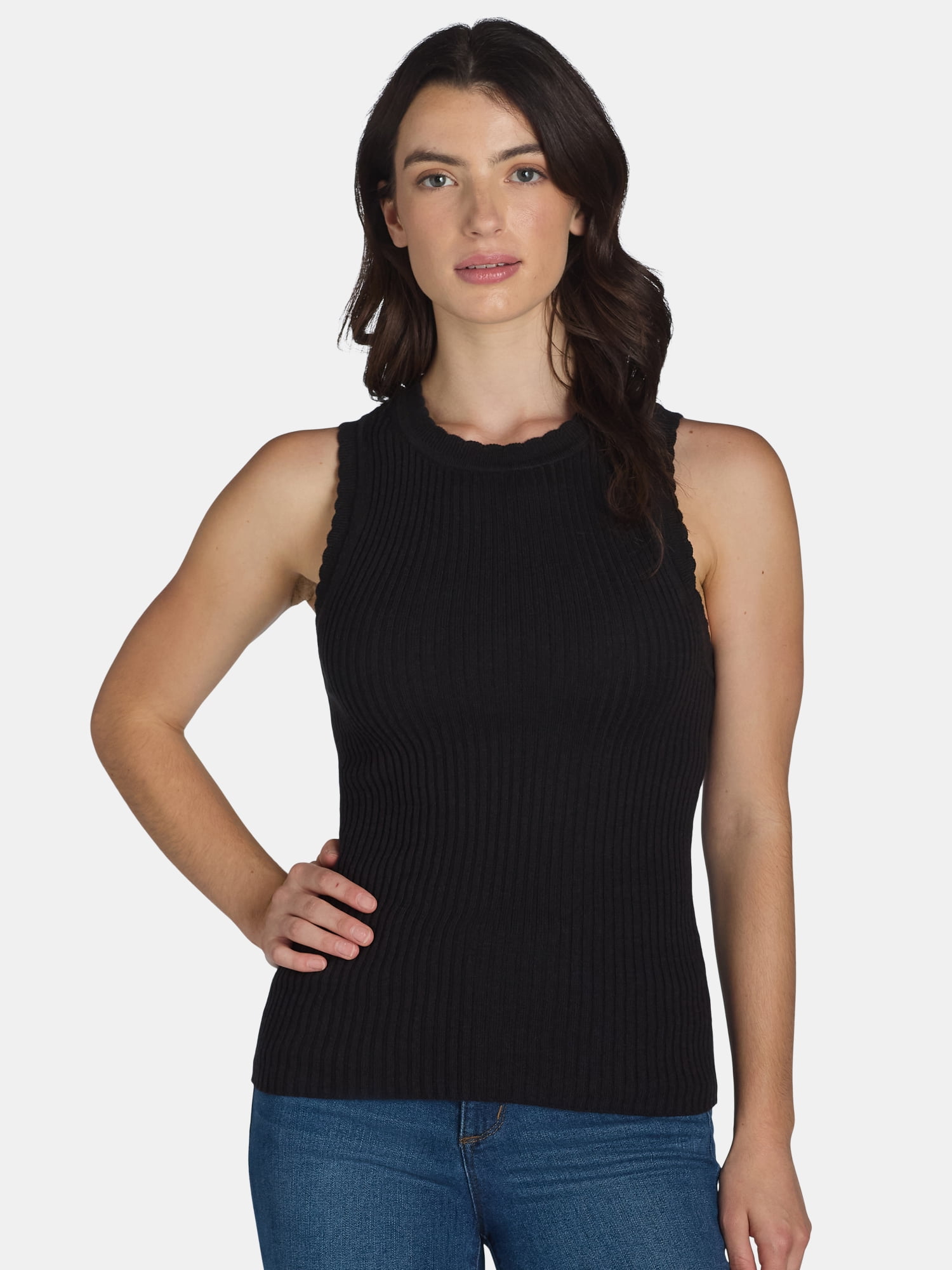 Free Assembly Women’s Scallop Trim Sleeveless Sweater, Lightweight ...