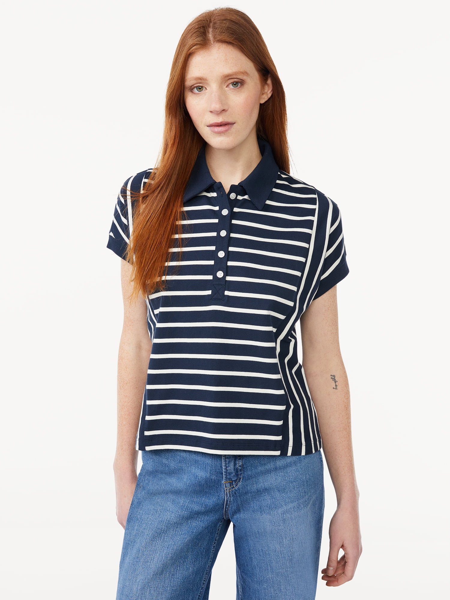Free Assembly Women's Seamed Polo Shirt with Short Cap Sleeves ...