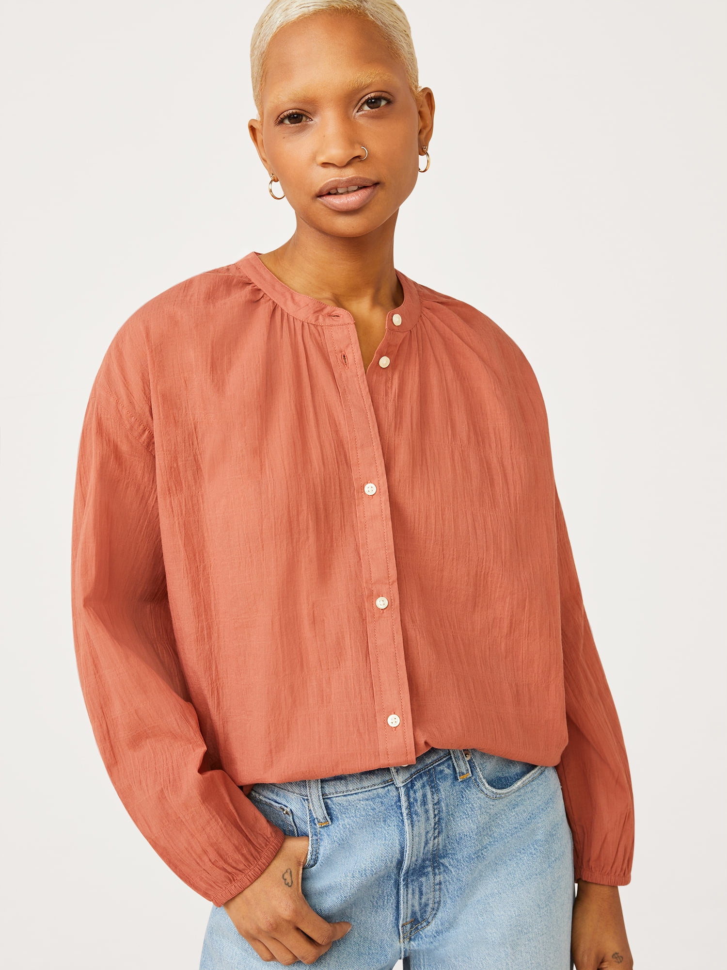 Free Assembly Women’s Shirred Button Front Shirt - Walmart.com