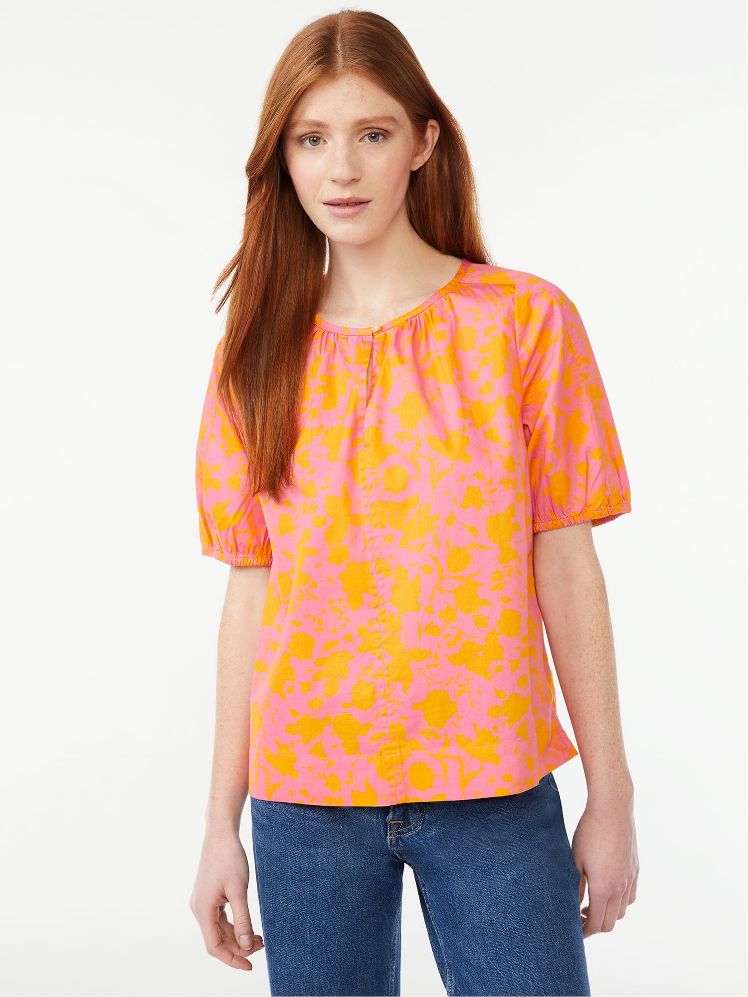Free Assembly Women's Shirred Neck Banded Top, Cotton - Walmart.com