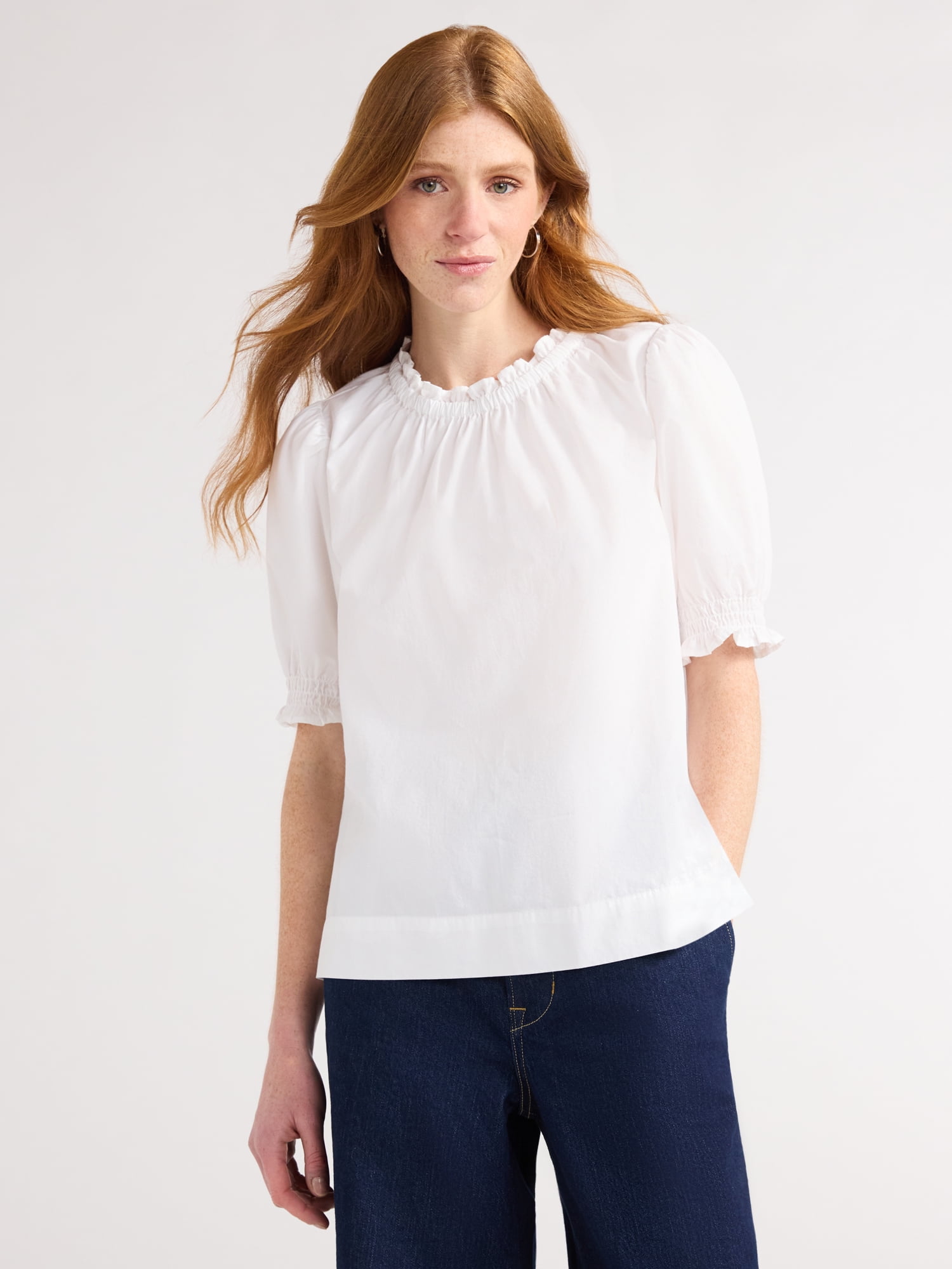 Free Assembly Women's Cotton Ruffle Top with Puff Sleeves, Lightweight ...