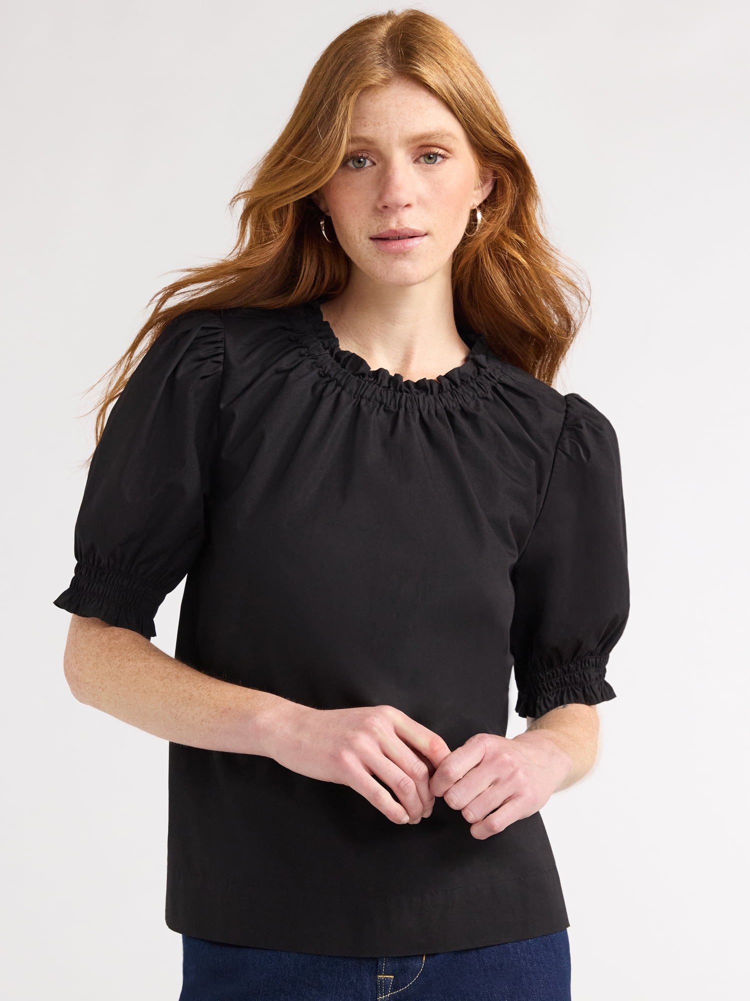 Free Assembly Women's Cotton Ruffle Top with Puff Sleeves, Black, Sizes ...