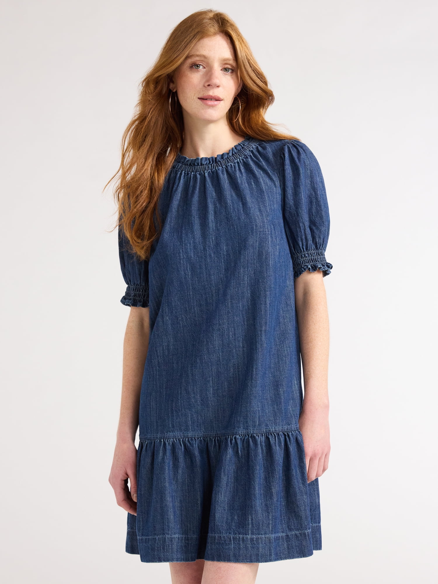 Free Assembly Women’s Denim Ruffle Mini Dress with Puff Sleeves, Sizes ...