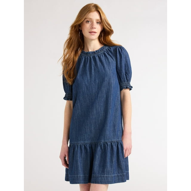Free Assembly Women’s Denim Ruffle Mini Dress with Puff Sleeves, Sizes ...
