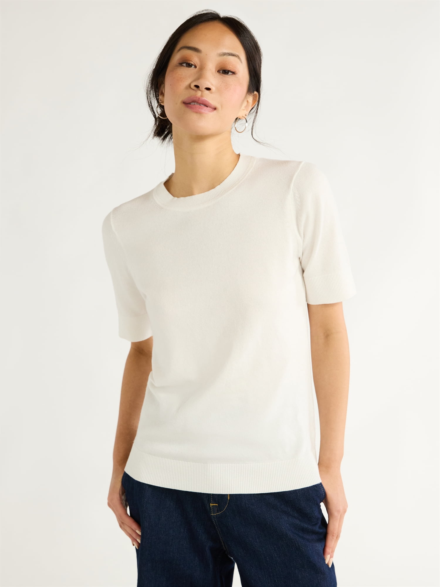 Free Assembly Women’s Cozy Yarn Shrunken Sweater Tee with Short Sleeves ...