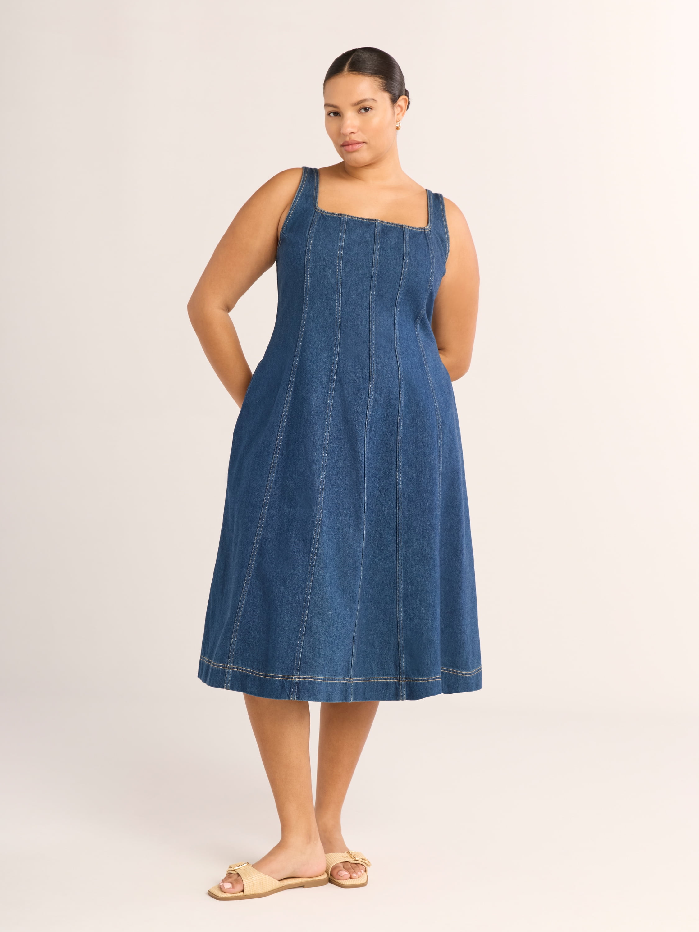 Free Assembly Women's Sleeveless Denim Panel Dress, Sizes XS-4X ...
