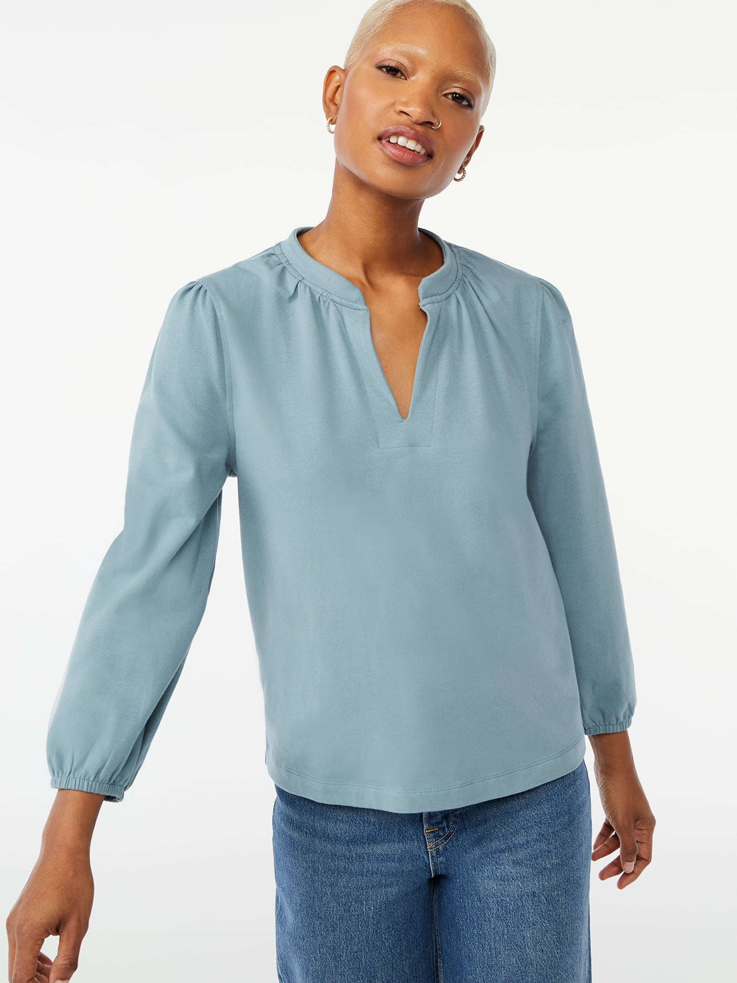 Free Assembly Women's Split Neck Top with Blouson Sleeves - Walmart.com