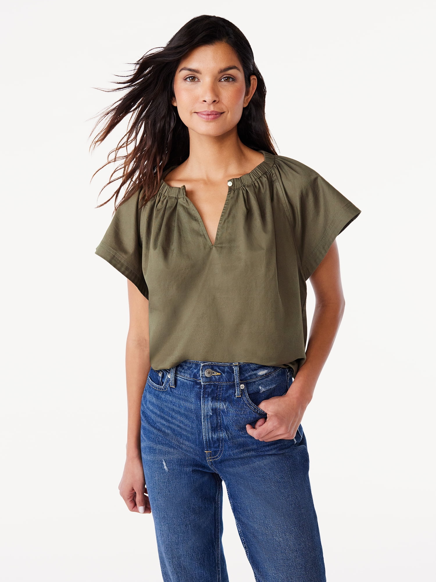 Free Assembly Women's Split Neck Top with Flutter Sleeves, Size XS-XXL ...